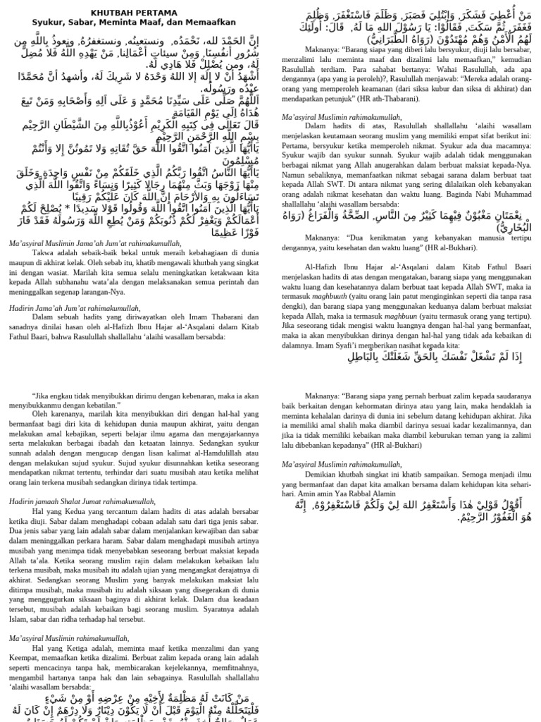 Khutbah Jum'at (11 Oktober 2024) - Syukur, Sabar, Meminta Maaf, Dan Memaafkan | PDF