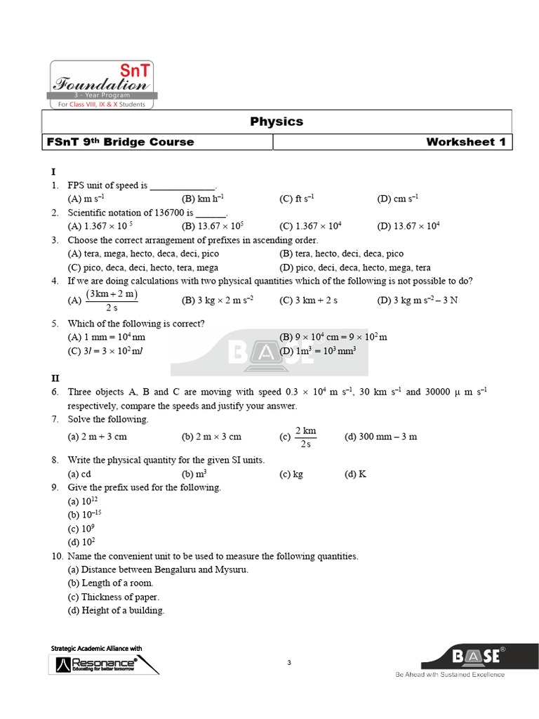 9th Physics Bridge Course WS 1 | PDF