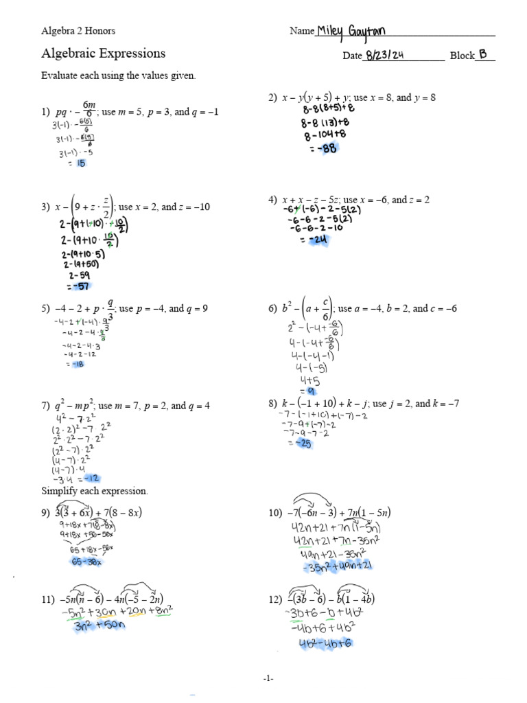 Algebraic Expressions WKST | PDF