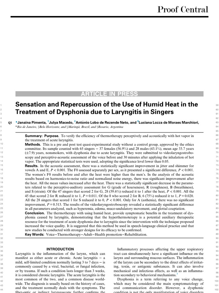 Humid Heat Therapy for Dysphonia Treatment | PDF