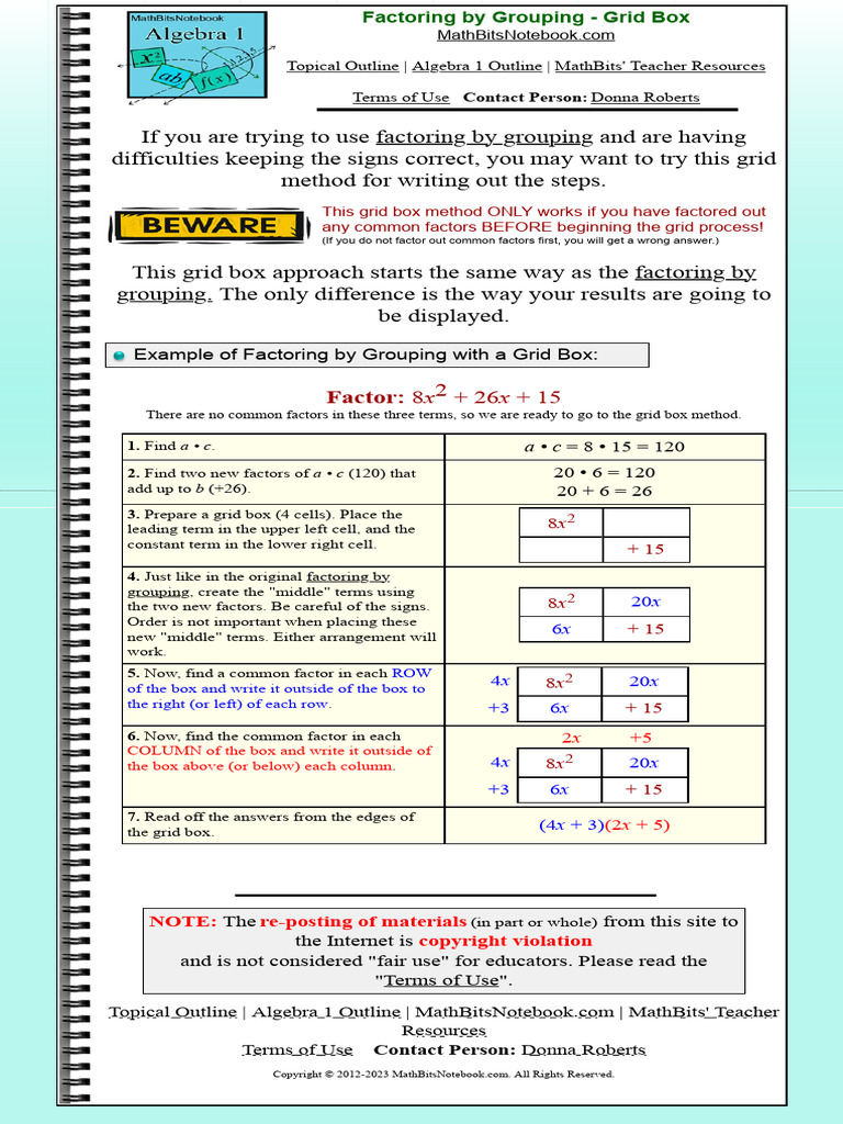 Factoring by Grouping With Grid Box - MathBitsNotebook (A1 - CCSS Math) | PDF