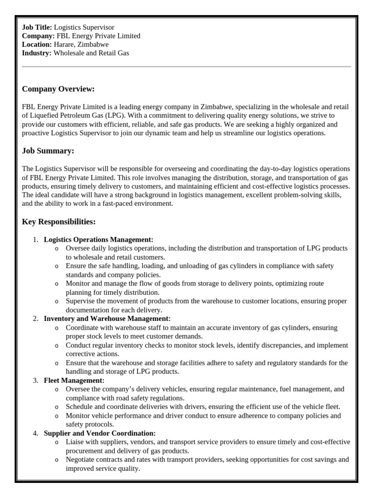 JD - Logistics Supervisor | PDF