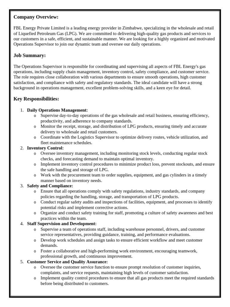 JD - Operations Supervisor | PDF