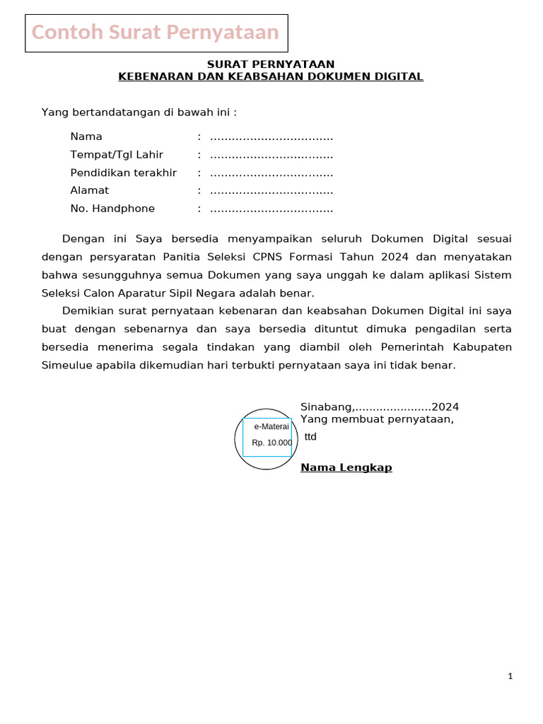 Contoh Surat Keabsahan Dokumen 20241 | PDF