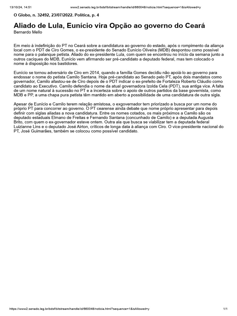 Aliado de Lula, Eunício Vira Opção Ao Governo Do Ceará | PDF