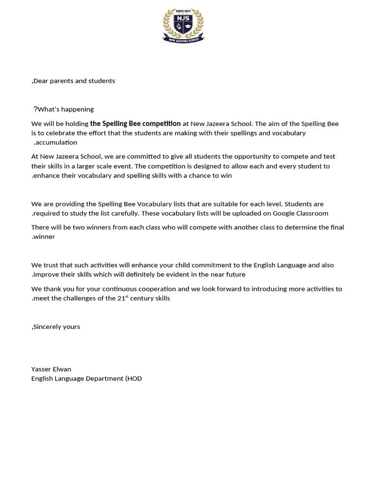Spelling Bee Competition Letter. | PDF