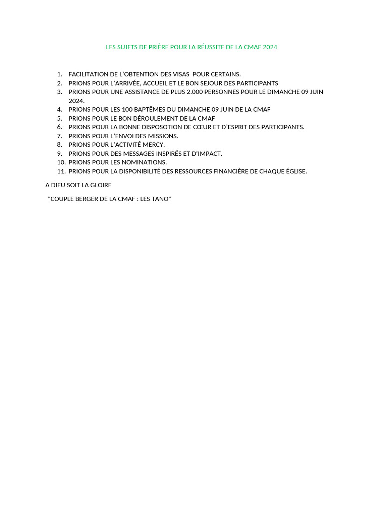 Cmaf 2024 Les Sujets de Prières & Jeûne | PDF