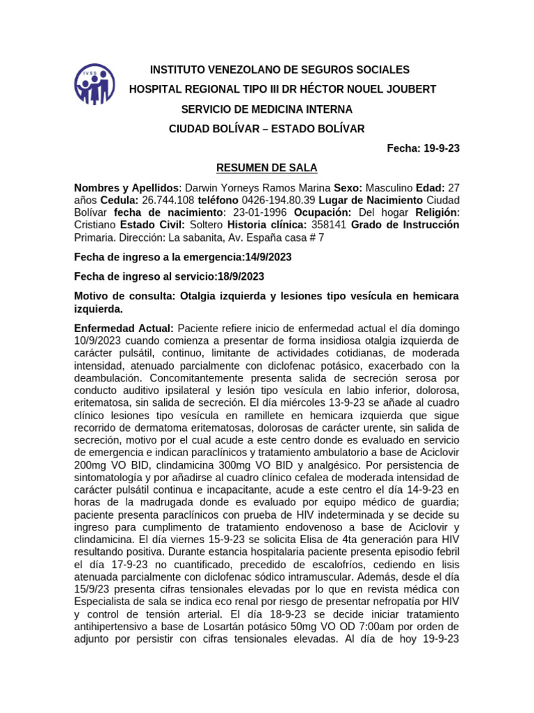 resumen de sala paciente Darwin-2 | PDF