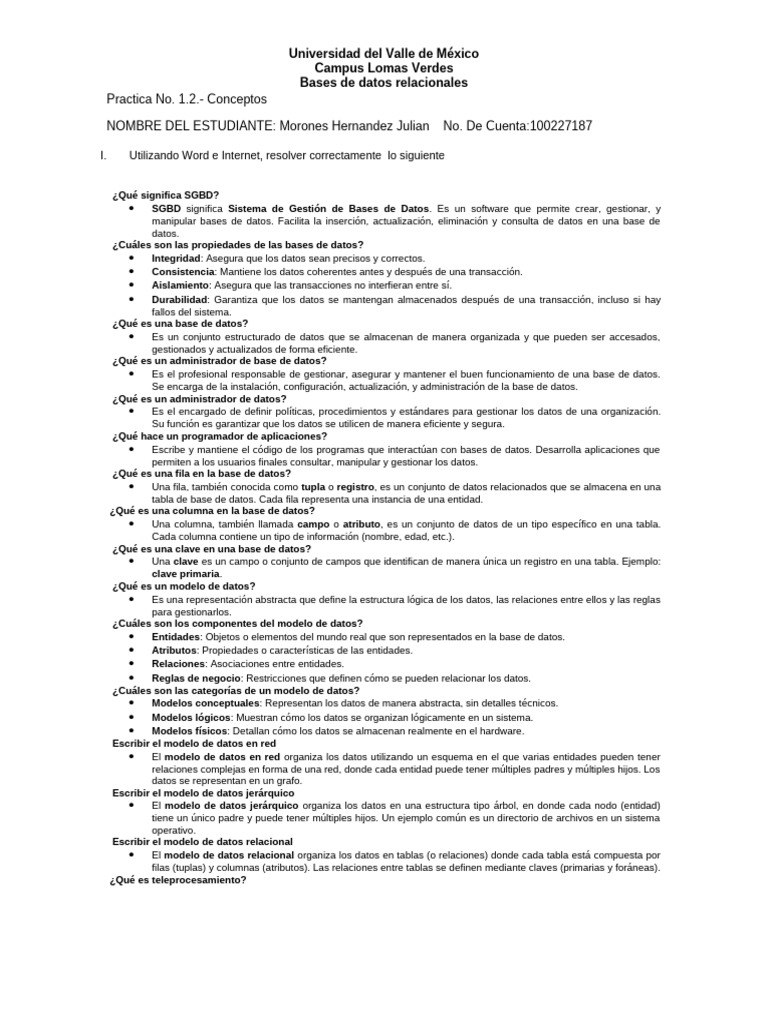 Tarea - Practica No 1 - 2 - Repaso Conceptos | PDF | Bases de datos ...