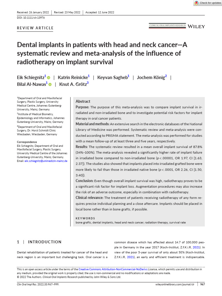 Clinical Oral Implants Res - 2022 - Schiegnitz - Dental Implants in Patients With Head and Neck ...