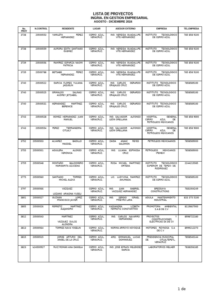 Lista de Proyectos: Ingria. en Gestion Empresarial | PDF