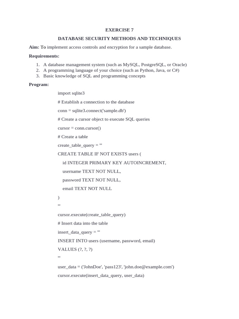 EXERCISE 7 Database Security methods and Techniques | PDF