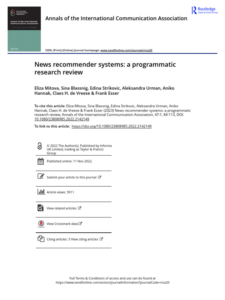 News Recommender Systems A Programmatic Research Review | PDF