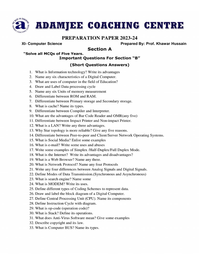 Xi Science - Adamjee Prep Papers 2024 | PDF