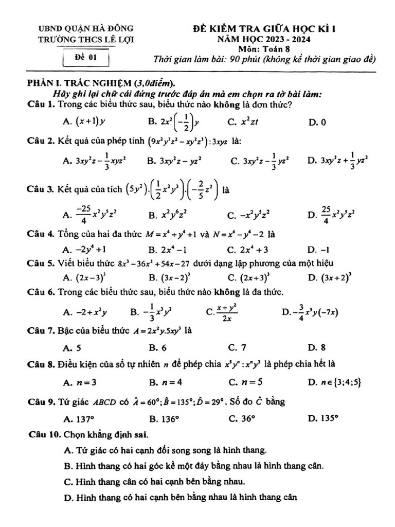 De Giua Hoc Ki 1 Toan 8 Nam 2023 2024 Truong Thcs Le Loi Ha Noi | PDF