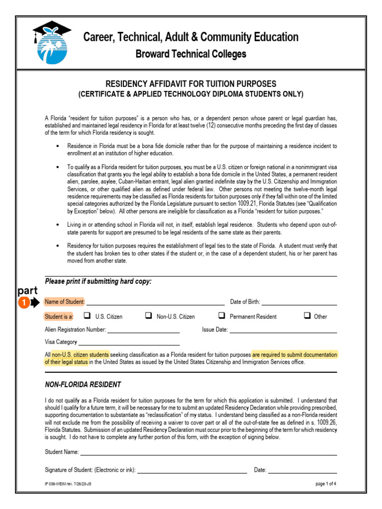 Florida Residency Affidavit For Tuition Purposes | PDF