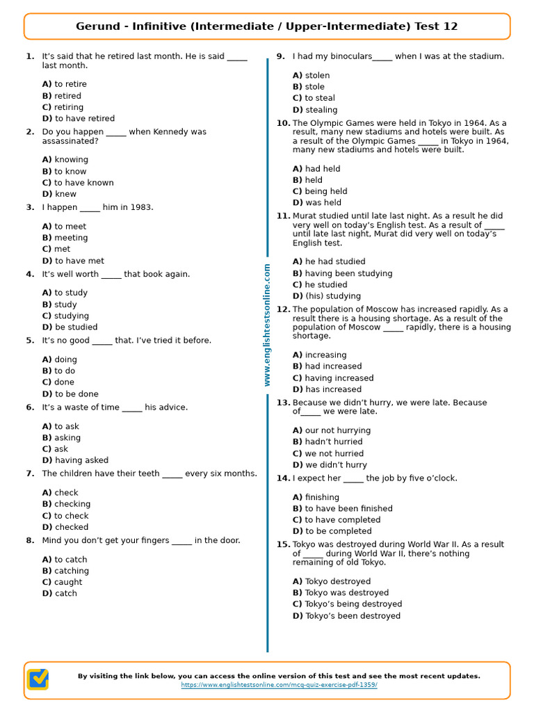 1359 Gerund Infinitive Intermediate Upper Intermediate Test 12 | PDF
