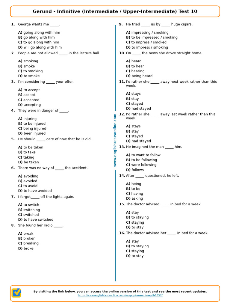1357 Gerund Infinitive Intermediate Upper Intermediate Test 10 | PDF