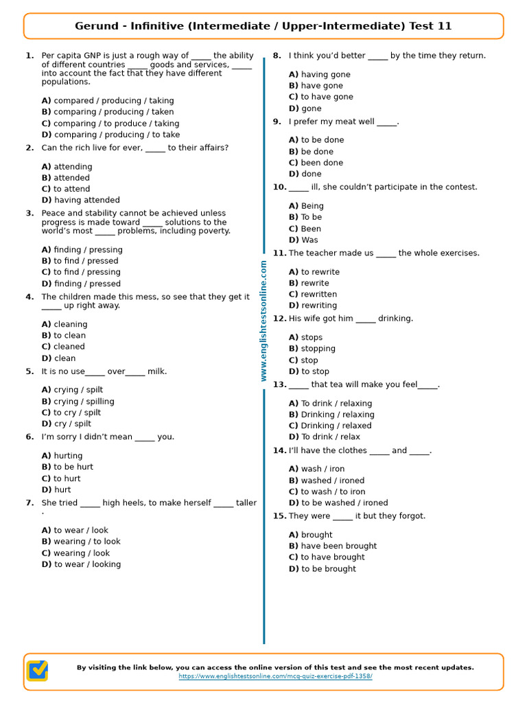 1358 Gerund Infinitive Intermediate Upper Intermediate Test 11 | PDF