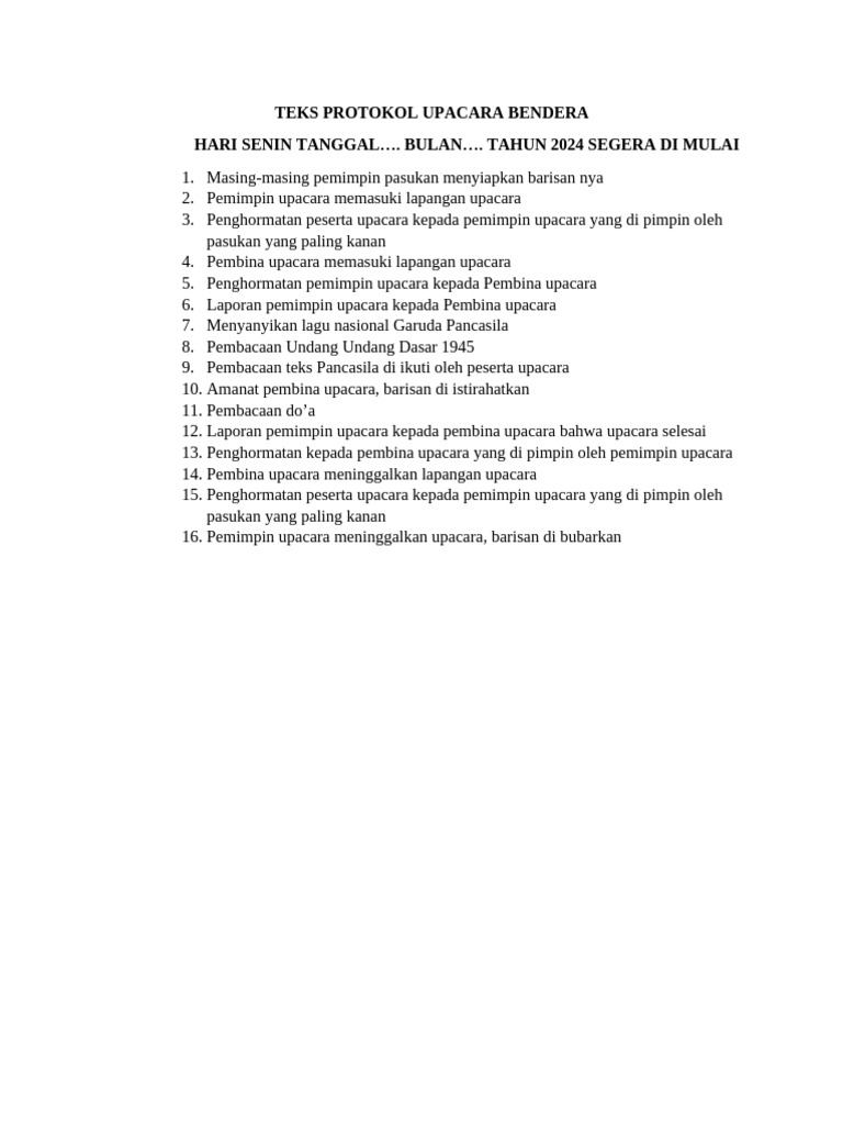 Teks protokol upacara bendera TK AL- FAIRUZ | PDF