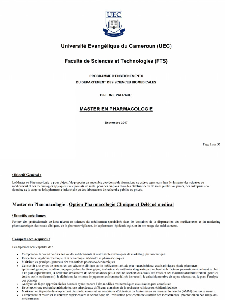 Projet de Programme de Master en Pharmacologie-Fst-Uec | PDF