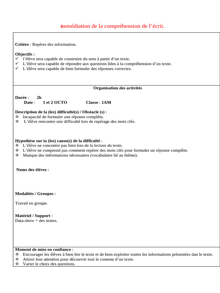 Fiche-De-Remédiation - Compréhension Par BENOMAR | PDF