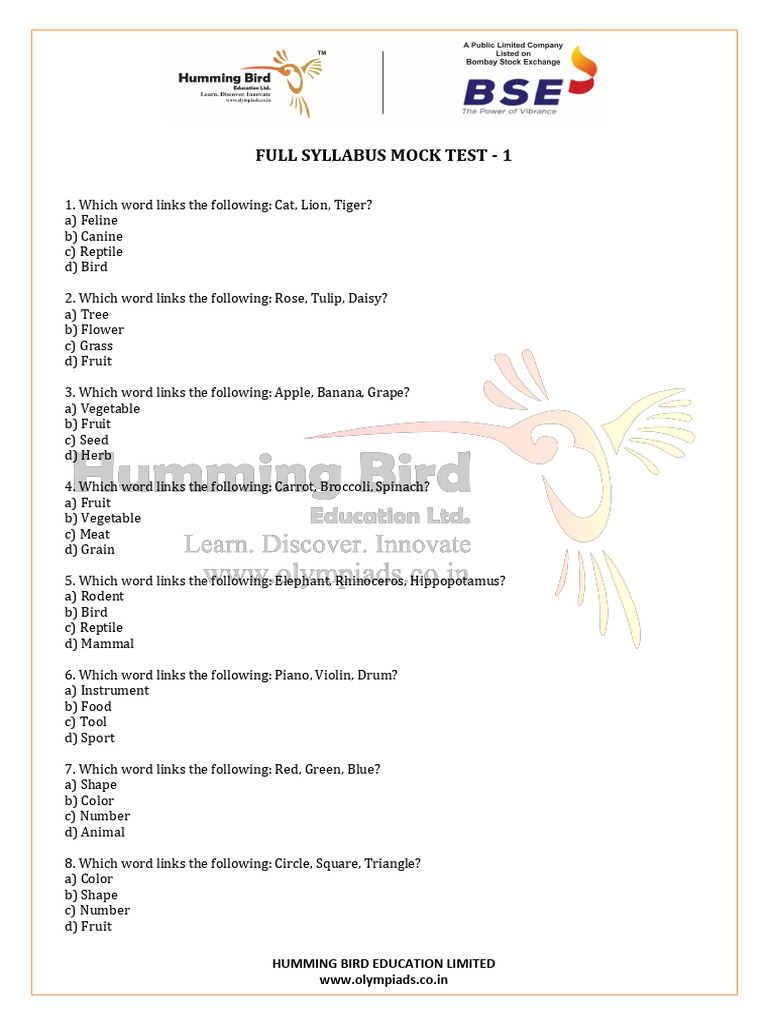 Full Syllabus Mock Test - 1 Spell Bee | PDF