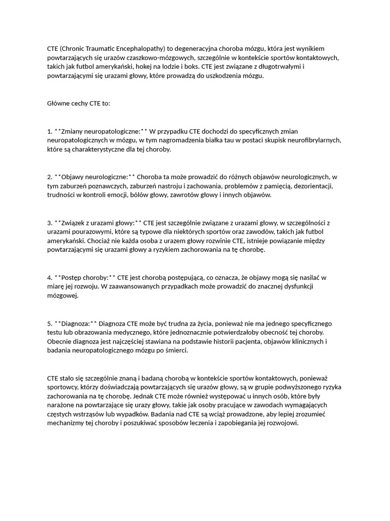 CTE (Chronic Traumatic Encephalopathy) | PDF