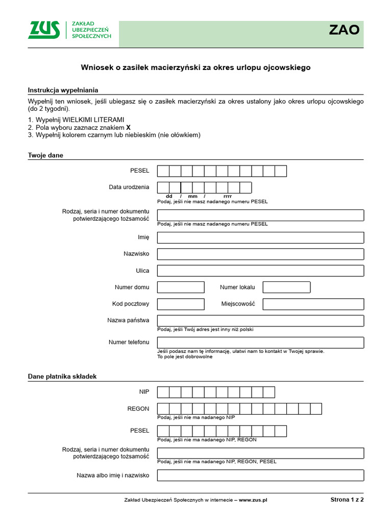 Zus Zao Wniosek o Zasilek Macierzynski Za Okres Urlopu Ojcows | PDF
