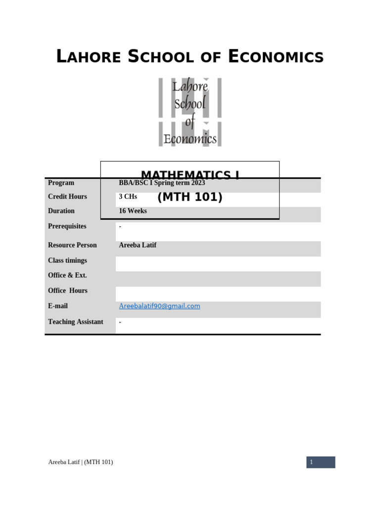 Ahore Chool OF Conomics: Mathematics I (MTH 101) | PDF