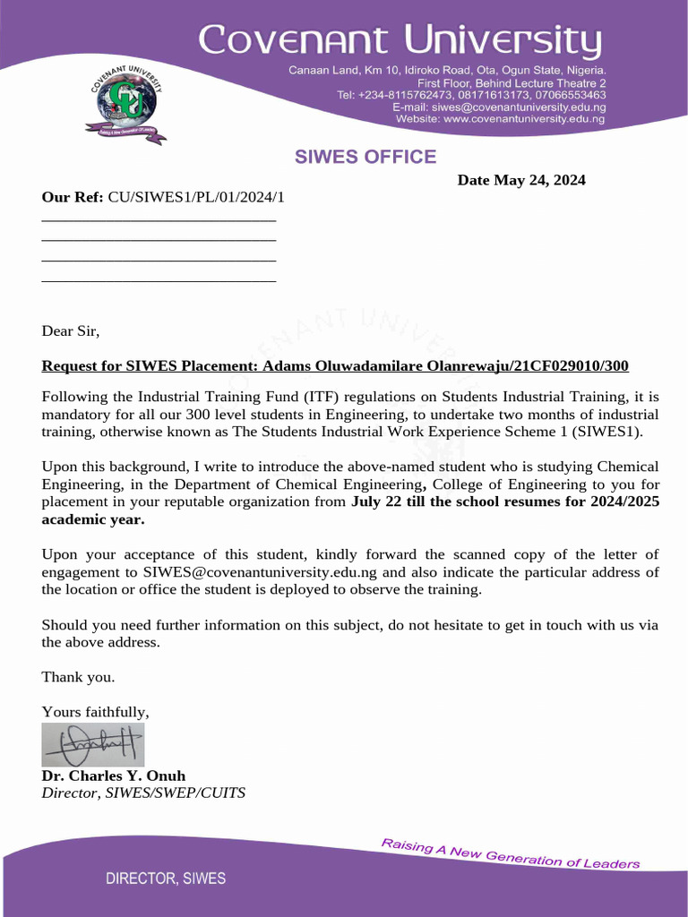 2024 Chemical Engineering Letter of Introduction, SIWES 1 | PDF | Career & Growth