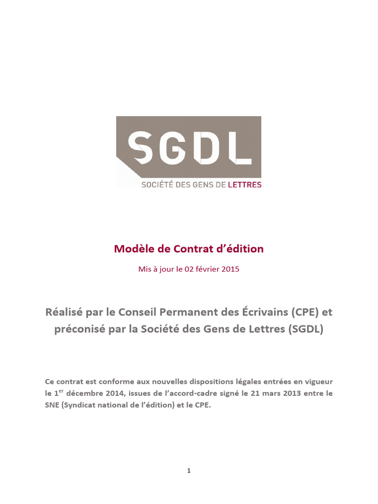 Modèle de Contrat Dédition - SGDL 20150201 | PDF