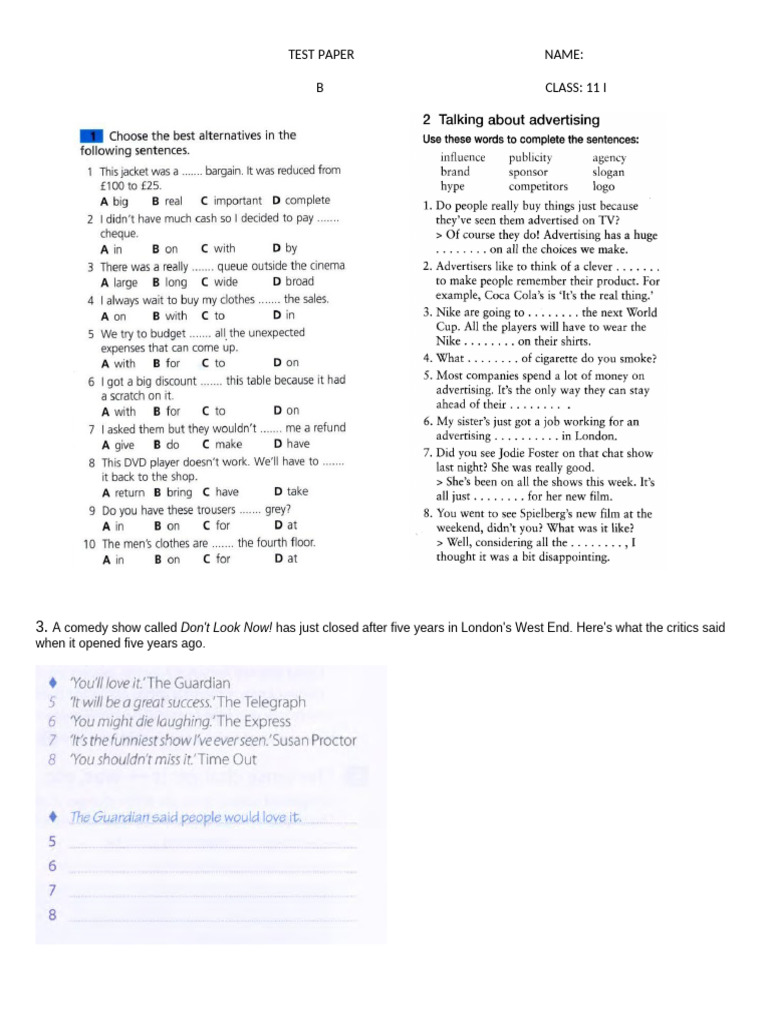 FCE GOLD Unit 5 Test B NAME | PDF