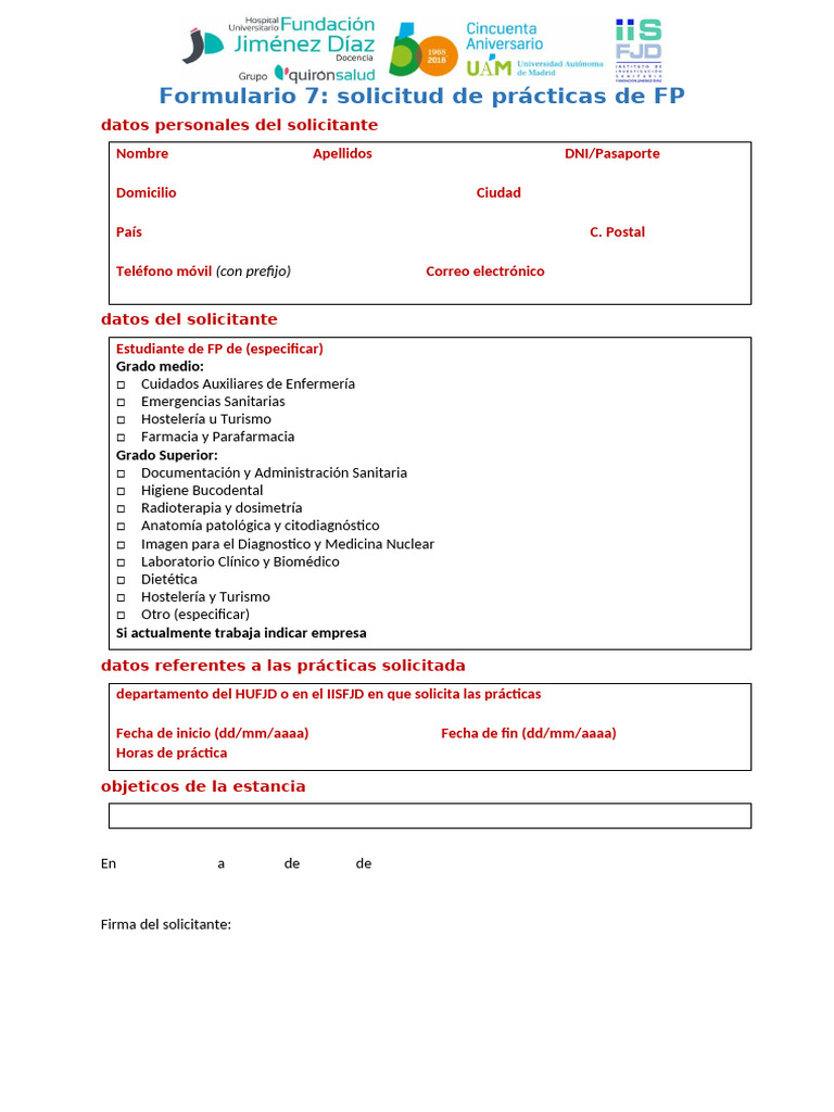 FORMULARIO 7. - SOLICITUD Prácticas FP | PDF