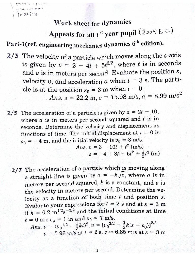 Dynamics Work Sheet 1 | PDF | Home & Garden | Technology & Engineering
