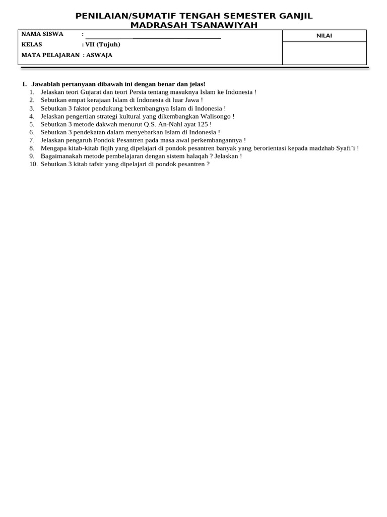 Soal Uts Aswaja (VII) | PDF