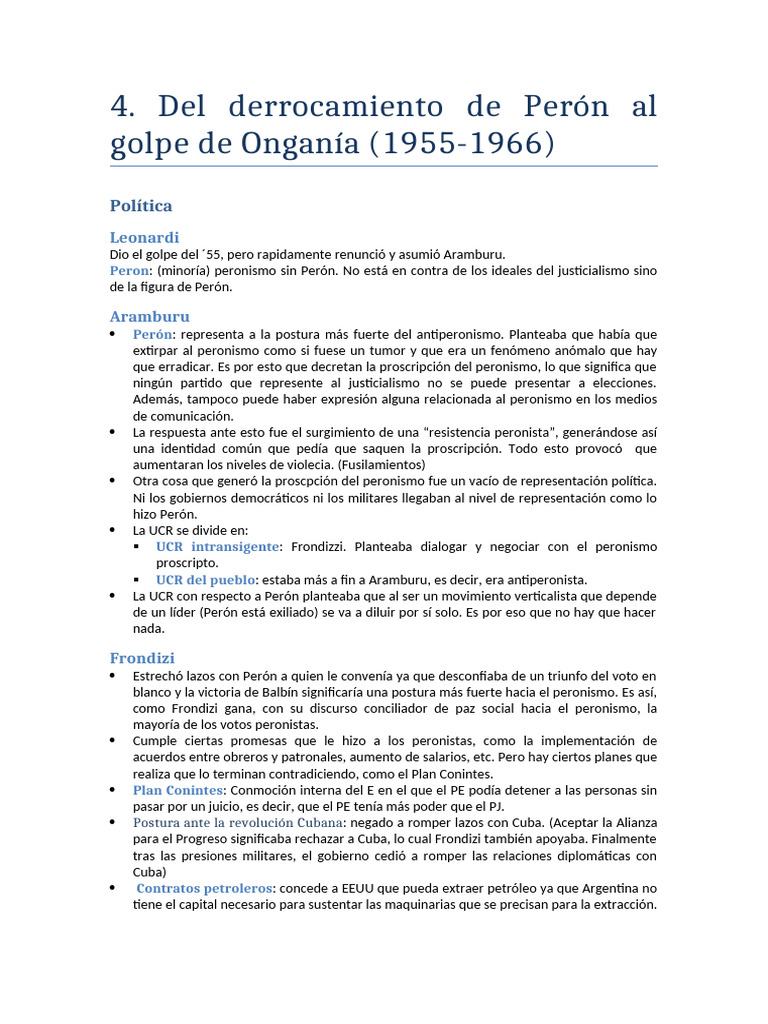 4del Derrocamiento de Perón Al Golpe de Onganía (1955-1966) | PDF