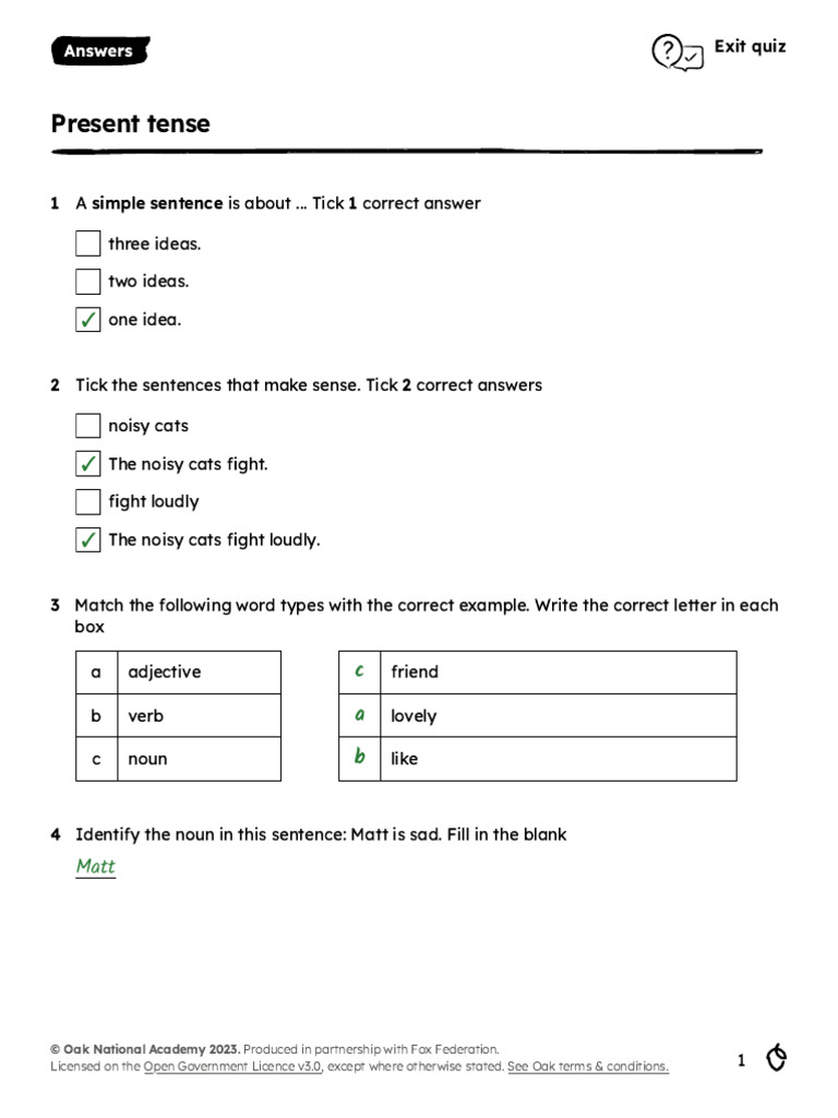 Present Tense Exit Quiz Answers | PDF