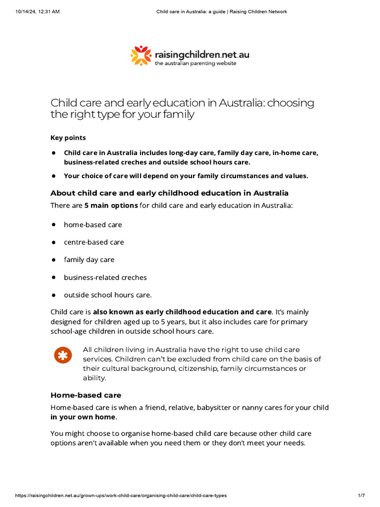 56 Child Care in Australia - A Guide - Raising Children Network | PDF