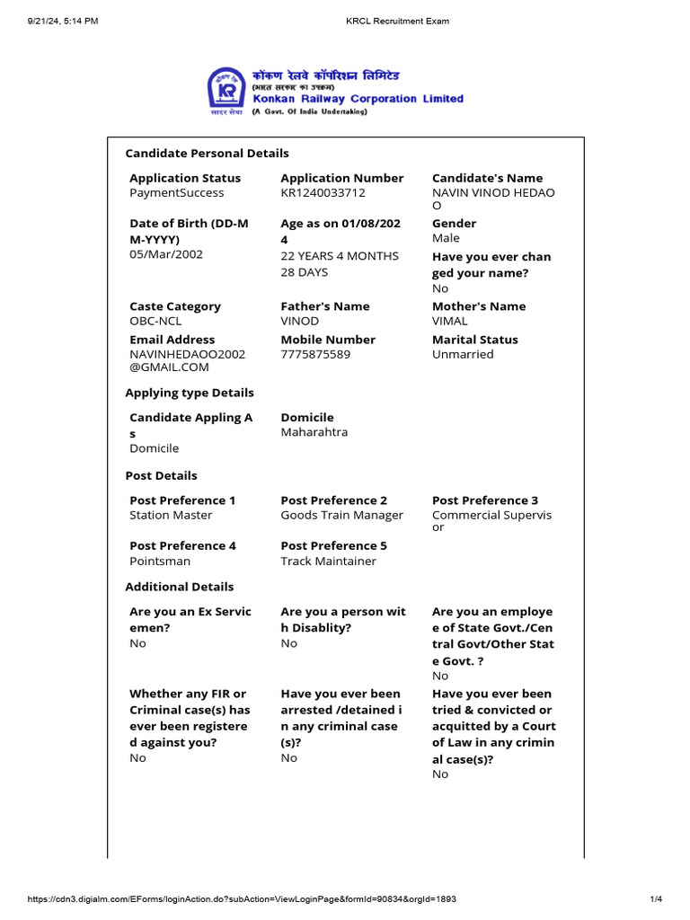 Konkan Railway Form | PDF