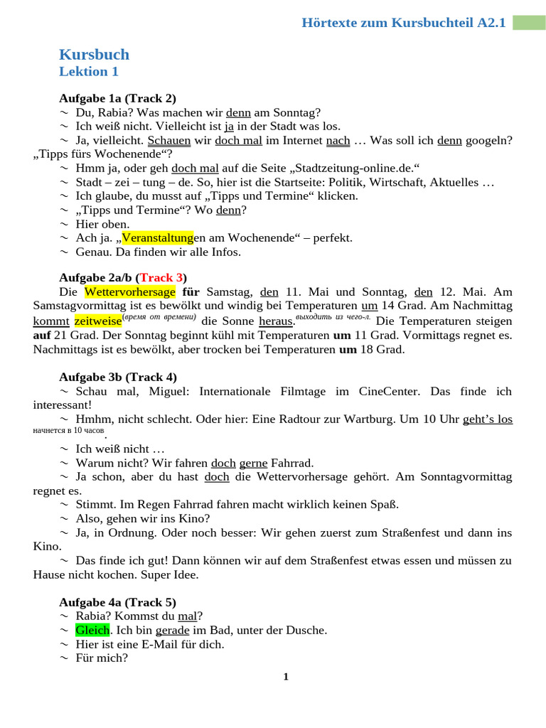 Hörtexte Zum Kursbuchteil A2.1 | PDF