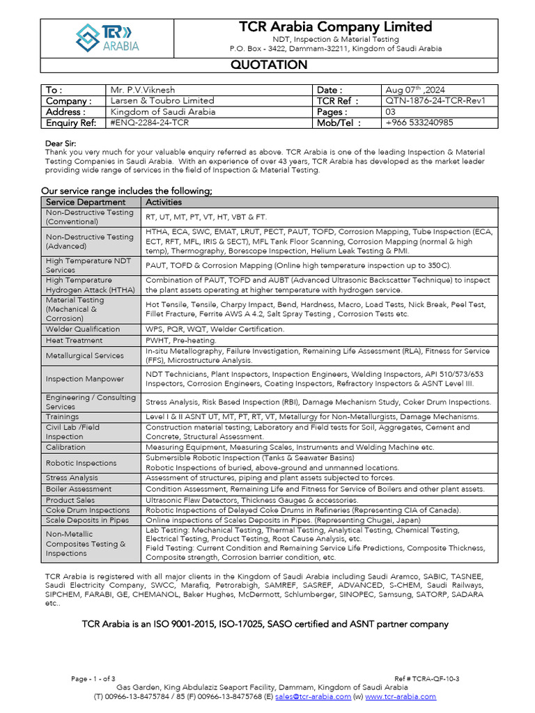 TCR Arabia Quote - Qtn-1876-24-Tcr - Rev1 | PDF