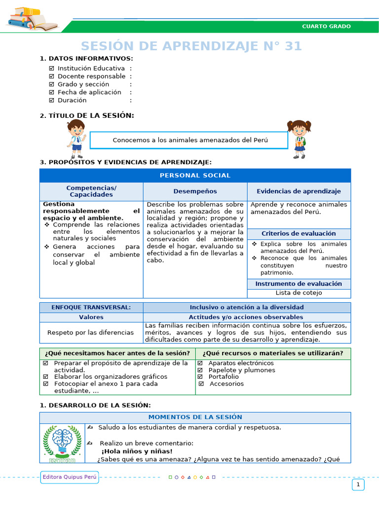 Sesiones de Aprendizaje - EDA VII Semana 4 - Editora Quipus Perú | PDF