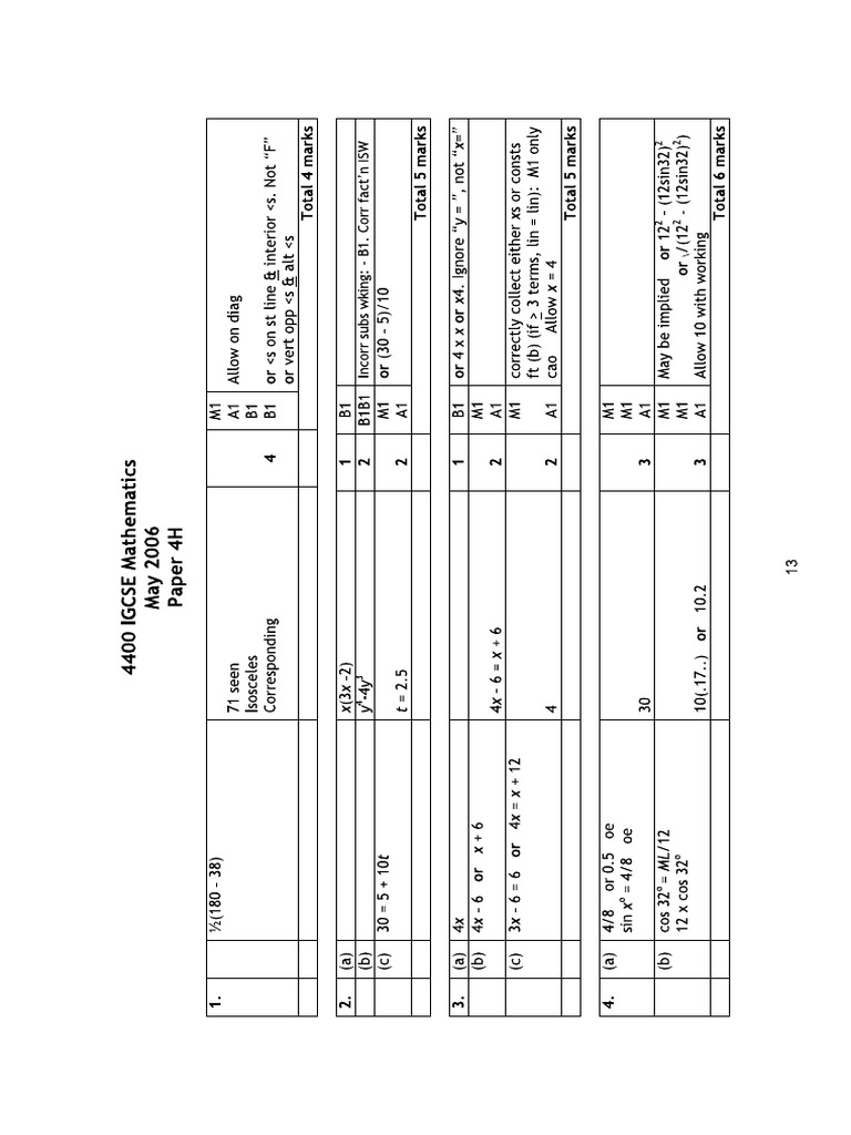 IGCSE Mathematics Markscheme May 2006 4H | PDF