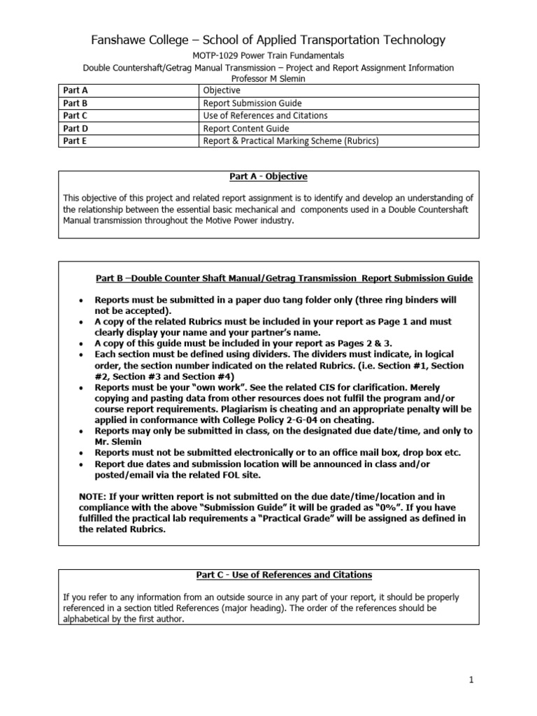 Rubrics for Double Getrag countershaft Transmissions lab | PDF