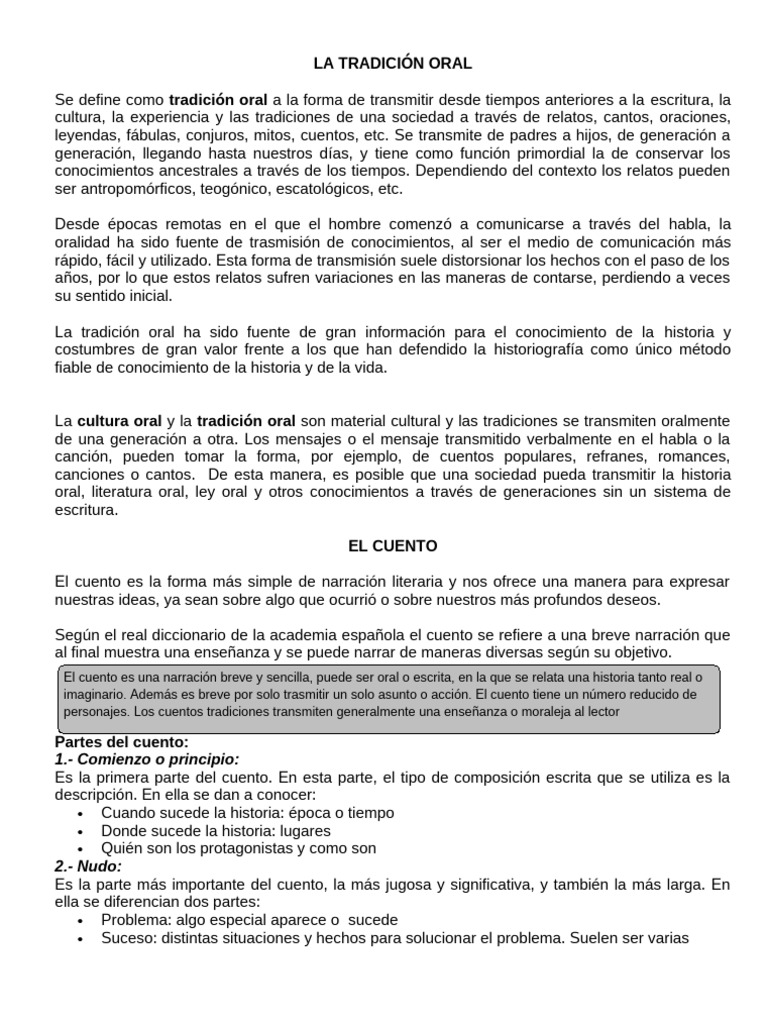 LA TRADICIÓN ORAL y CUENTOS | PDF