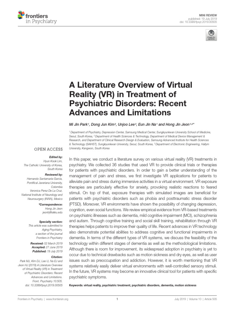 A Literature Overview of Virtual Reality (VR) in Treatment of Psychiatric Disorders - Recent ...