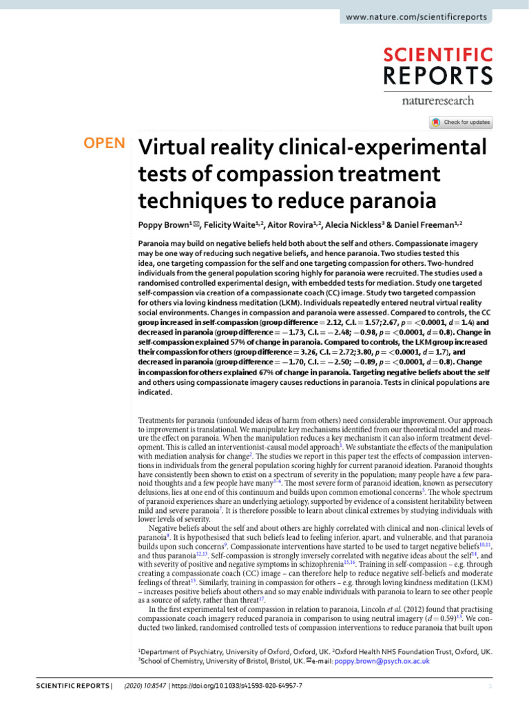 Virtual Reality Clinical-Experimental Tests of Compassion Treatment ...