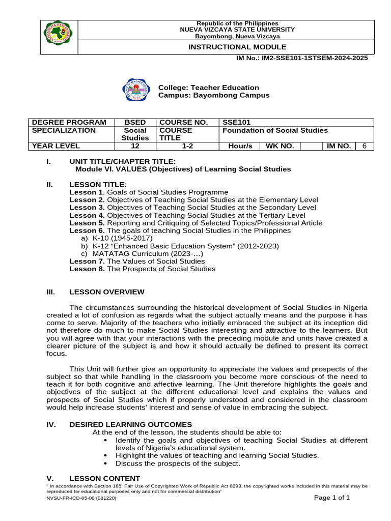 Module VI Values of Learning Social Studies | PDF | Learning | Social ...
