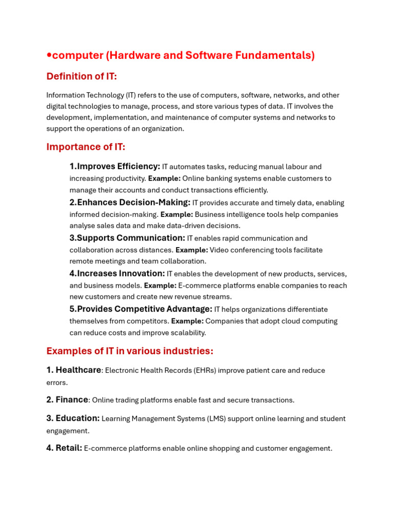 Computer (Hardware and Software Fundamentals) : Definition of IT | PDF